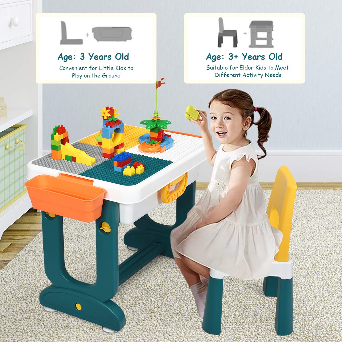 Costzon 5 in 1 Kids Multi Activity Table and Chair Set, Building Block Table w/Double-Sided Board, Storage, Children Draw Table w/Pen Folding to Toddler Luggage, Gift for Boys & Girls