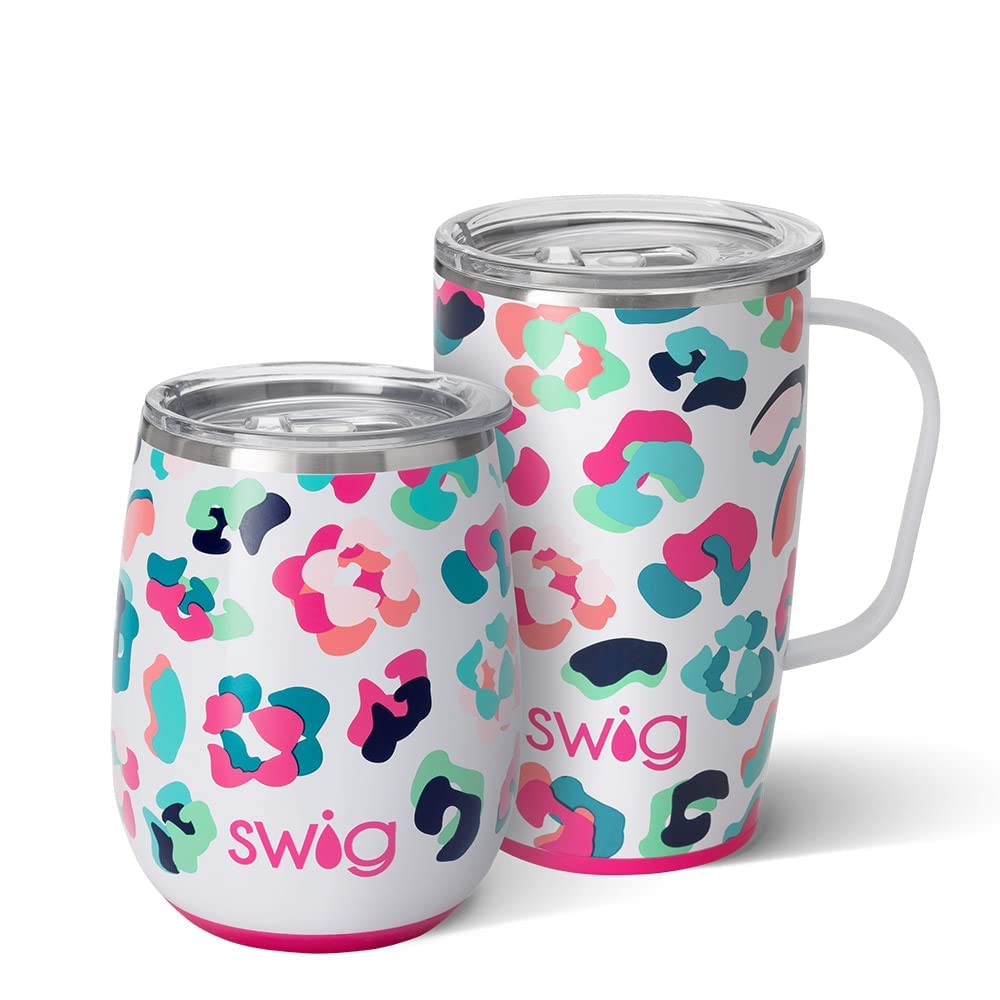 Swig Life Party Animal AM+PM Gift Set, Includes (1) 18oz Travel Mug + (1) 14oz Stemless Wine Tumbler, Triple Insulated, Stainless Steel, and Dishwasher Safe