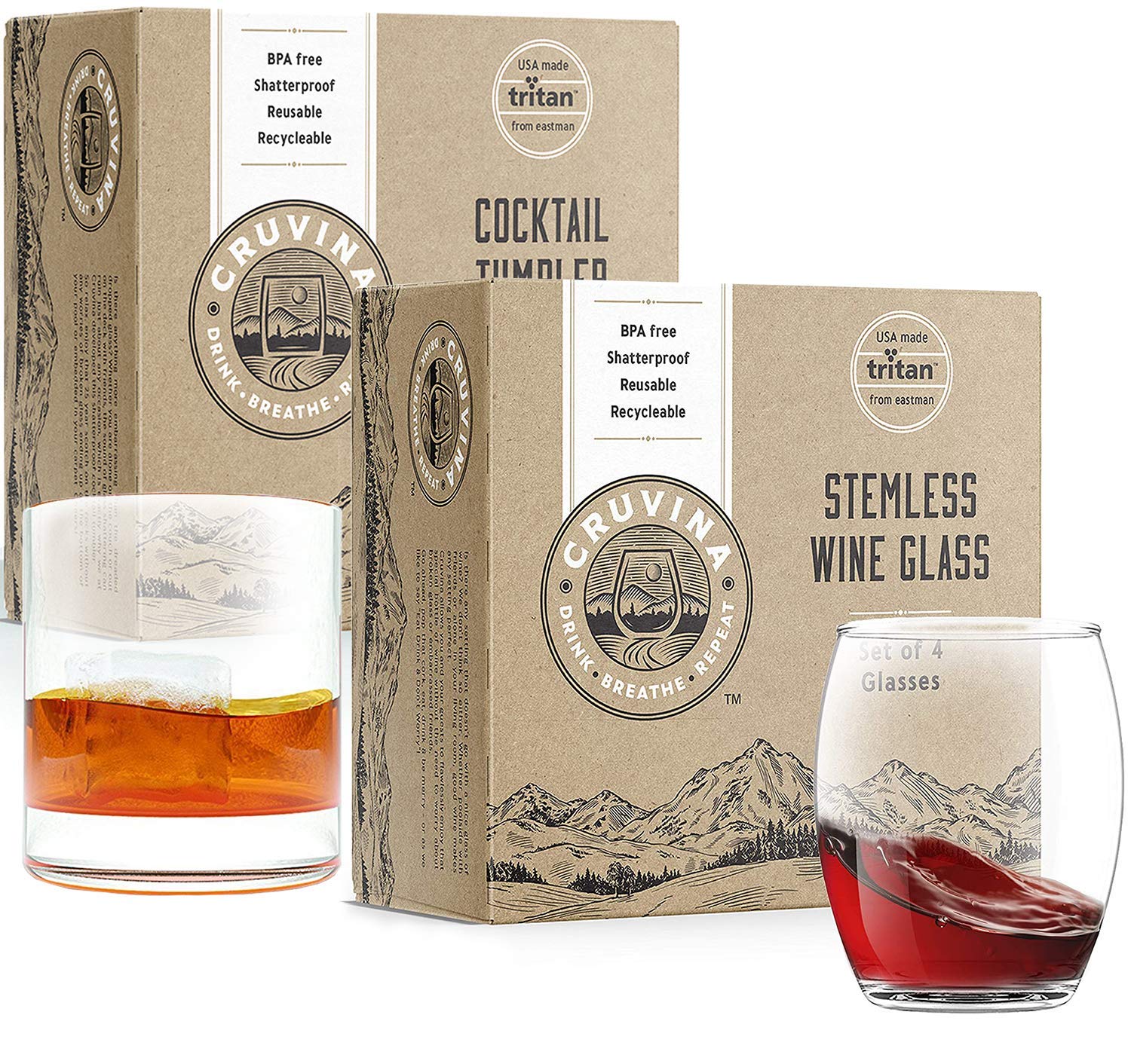 Cruvina Unbreakable Stemless Wine and Whiskey Glasses, 8 Wine Glasses and 8 Whiskey Glasses