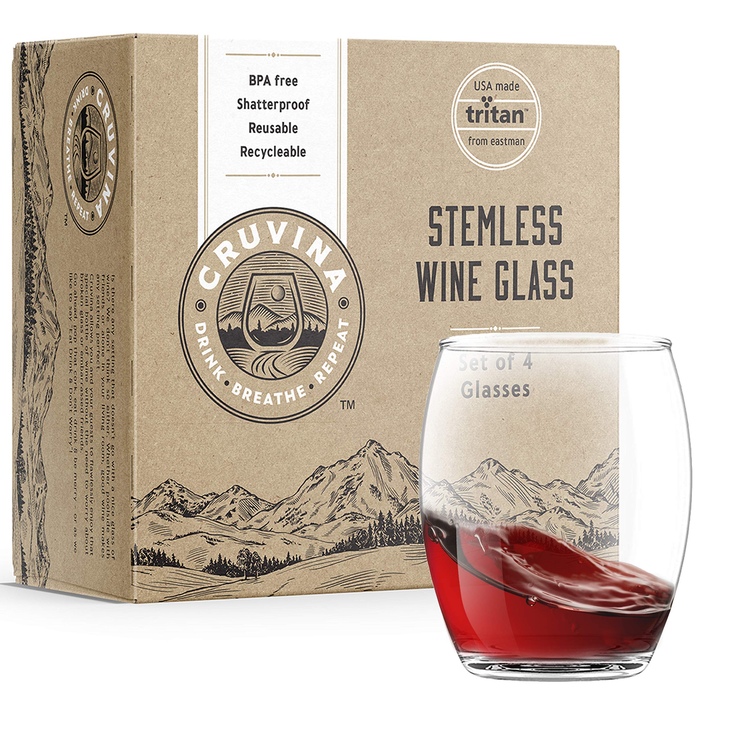 Cruvina Unbreakable Stemless Wine and Whiskey Glasses, 8 Wine Glasses and 8 Whiskey Glasses