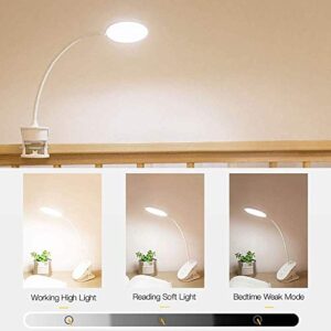 Clip on Lamp,Battery Powered Reading Lamp,Clip on Light for Bed Clip on Battery Light with 3 Brightness Level,USB Rechargeable, Reading Lamp