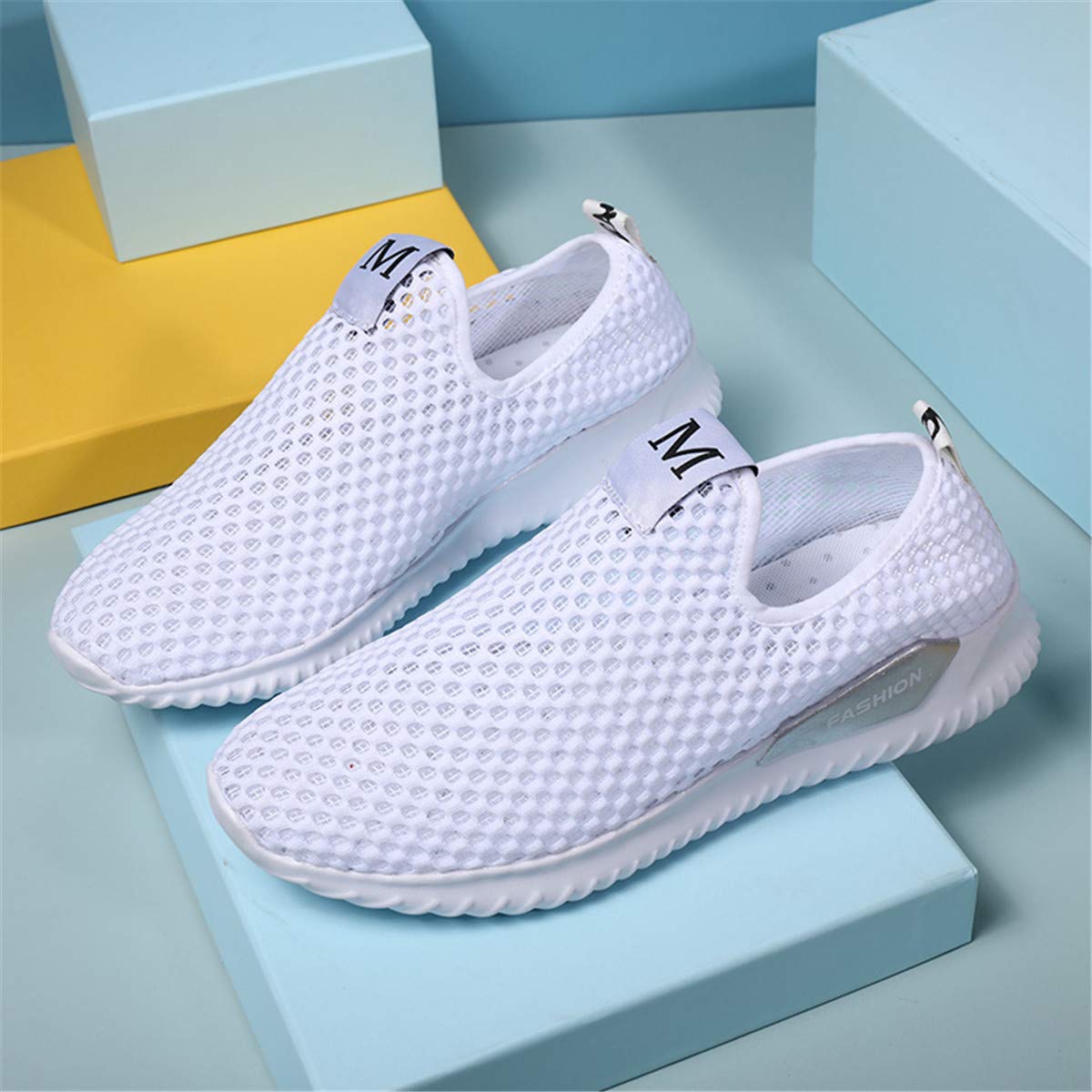 JOYVIP Men Women Athletic Non-Slip Running Sneakers Breathable Mesh Slip-On Work Shoes White