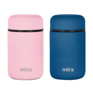 mira 2 pack insulated food jar thermos for hot food & soup, compact stainless steel vacuum lunch container, 13.5 oz, denim, pink