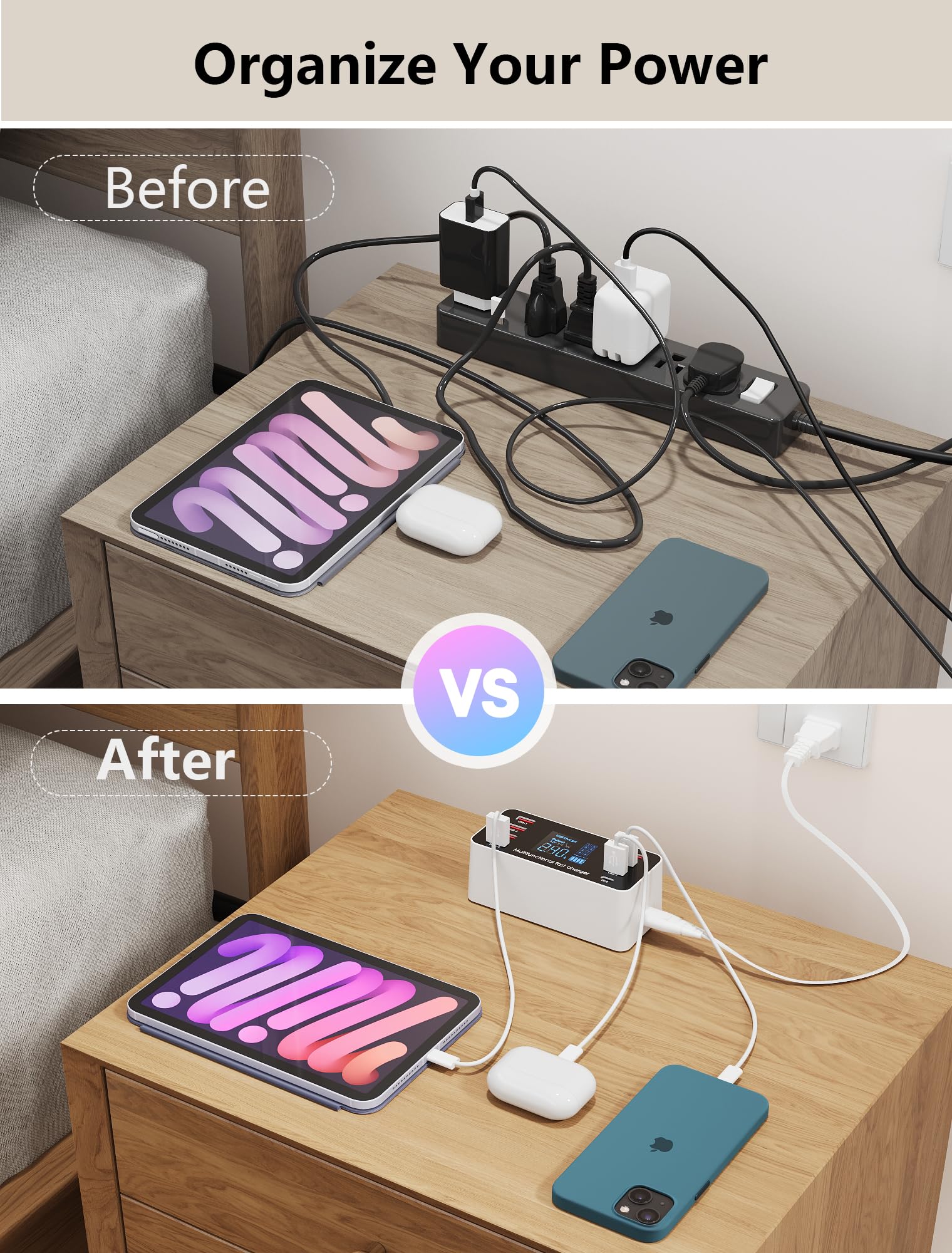 Charging Station for Multiple Devices, 8 Ports USB Charging Dock with QC3.0/PD18W USB-C Fast Charging Station for Multiple Devices Apple, Compatible with Ipad/MacBook Pro/Air, iPhone/Galaxy, Ect