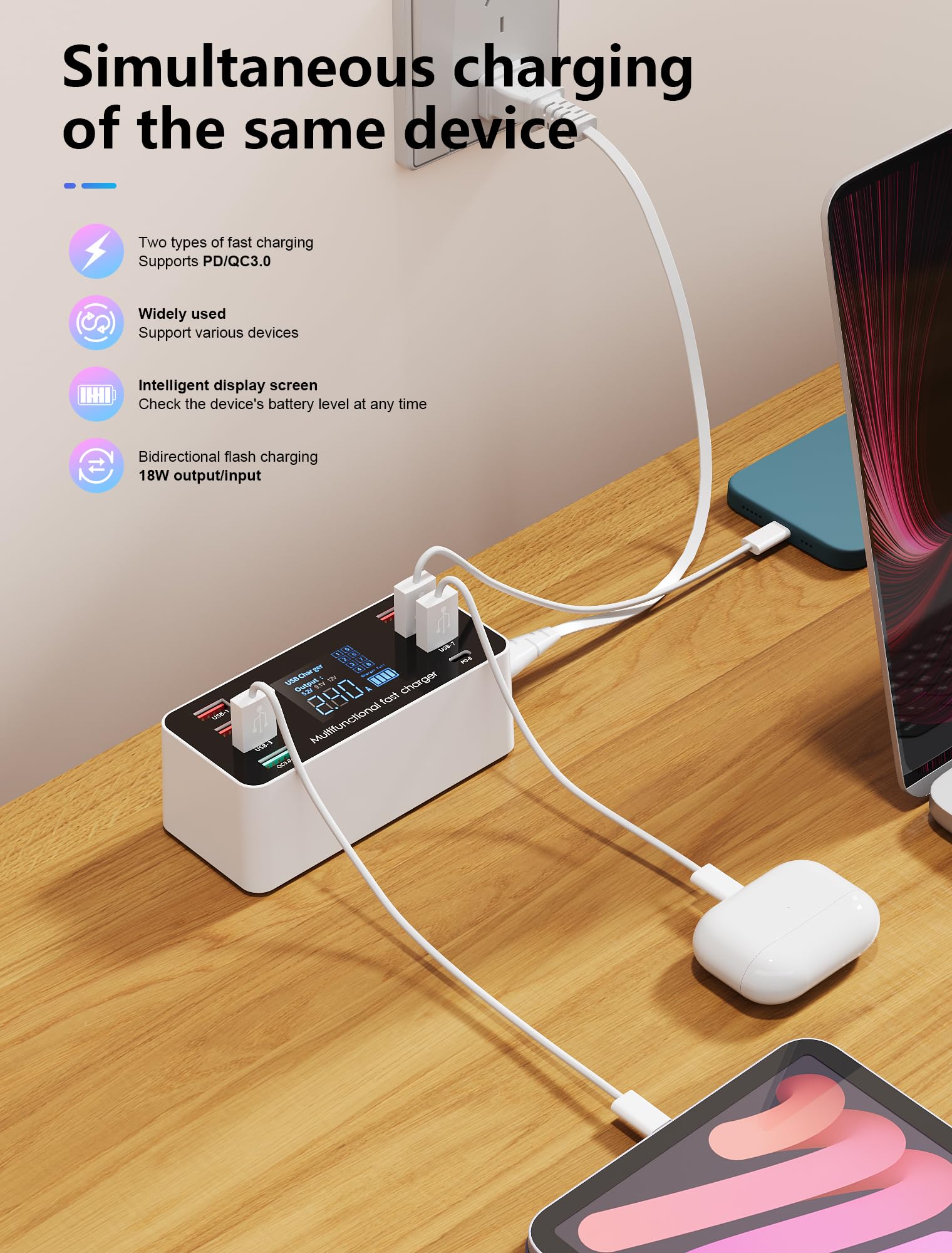 Charging Station for Multiple Devices, 8 Ports USB Charging Dock with QC3.0/PD18W USB-C Fast Charging Station for Multiple Devices Apple, Compatible with Ipad/MacBook Pro/Air, iPhone/Galaxy, Ect