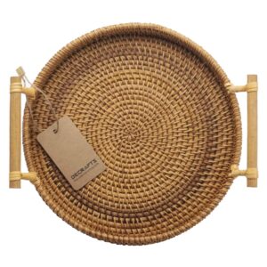 decrafts round rattan tray woven bread basket with handles small cracker tray for serving dinner parties coffee table tea (natural 11 inches diameter)