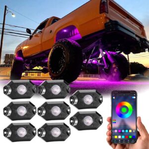 YCHOW-TECH RGB LED Rock Lights Kit, 8 Pods Multicolor Neon LED Light Kit with Bluetooth Control Music Mode, High Bright Multilcolor Waterproof IP68 Rock Light for Pickup Off Road RZR SUV ATV UTV Car