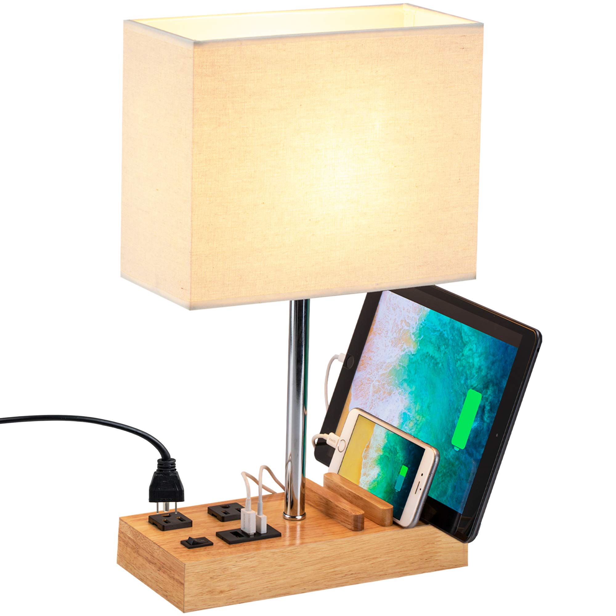 Dreamholder Desk Lamp with 3 USB Charging Ports, Table Lamp with 2AC Outlets and 3 Phone Stands, Nightstand Bedside Lamp with Natural Wooden Base and Cream Linen Shade