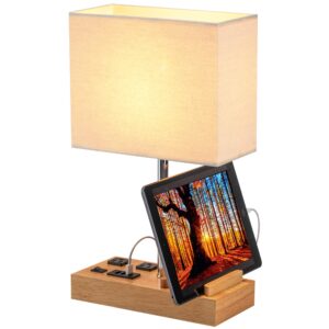 Dreamholder Desk Lamp with 3 USB Charging Ports, Table Lamp with 2AC Outlets and 3 Phone Stands, Nightstand Bedside Lamp with Natural Wooden Base and Cream Linen Shade