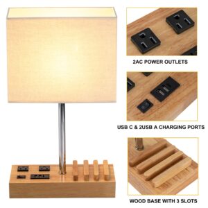 Dreamholder Desk Lamp with 3 USB Charging Ports, Table Lamp with 2AC Outlets and 3 Phone Stands, Nightstand Bedside Lamp with Natural Wooden Base and Cream Linen Shade