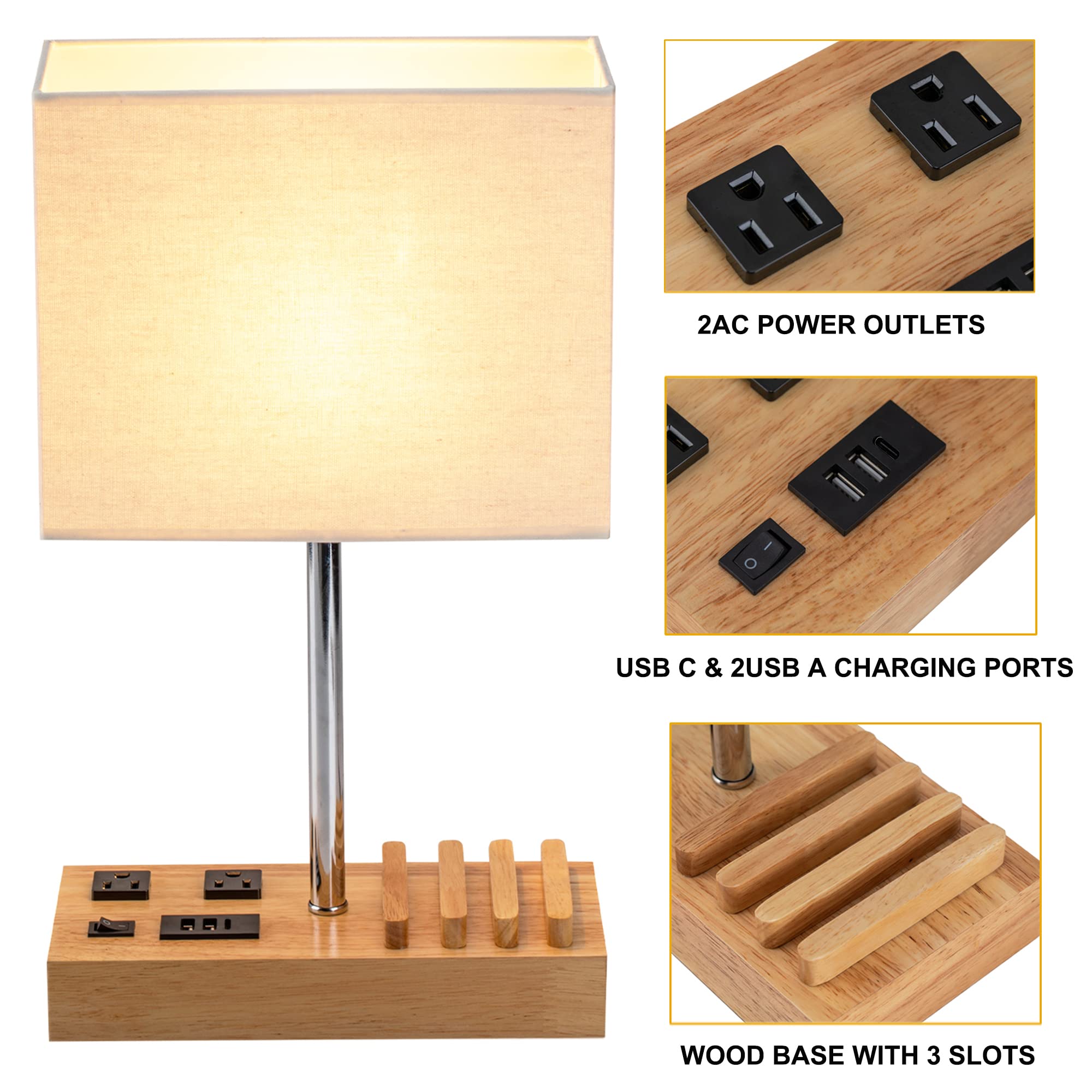 Dreamholder Desk Lamp with 3 USB Charging Ports, Table Lamp with 2AC Outlets and 3 Phone Stands, Nightstand Bedside Lamp with Natural Wooden Base and Cream Linen Shade