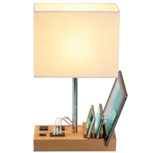 Dreamholder Desk Lamp with 3 USB Charging Ports, Table Lamp with 2AC Outlets and 3 Phone Stands, Nightstand Bedside Lamp with Natural Wooden Base and Cream Linen Shade