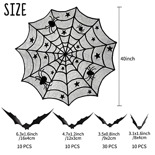 Beeager 5 Pack Halloween Spider Decorations Sets -Halloween Fireplace Mantel Scarf & Round Table Cover & Lace Table Runner & Cobweb Lampshade & 60 pcs Scary 3D Bat for Halloween Party Decors (1) (1)