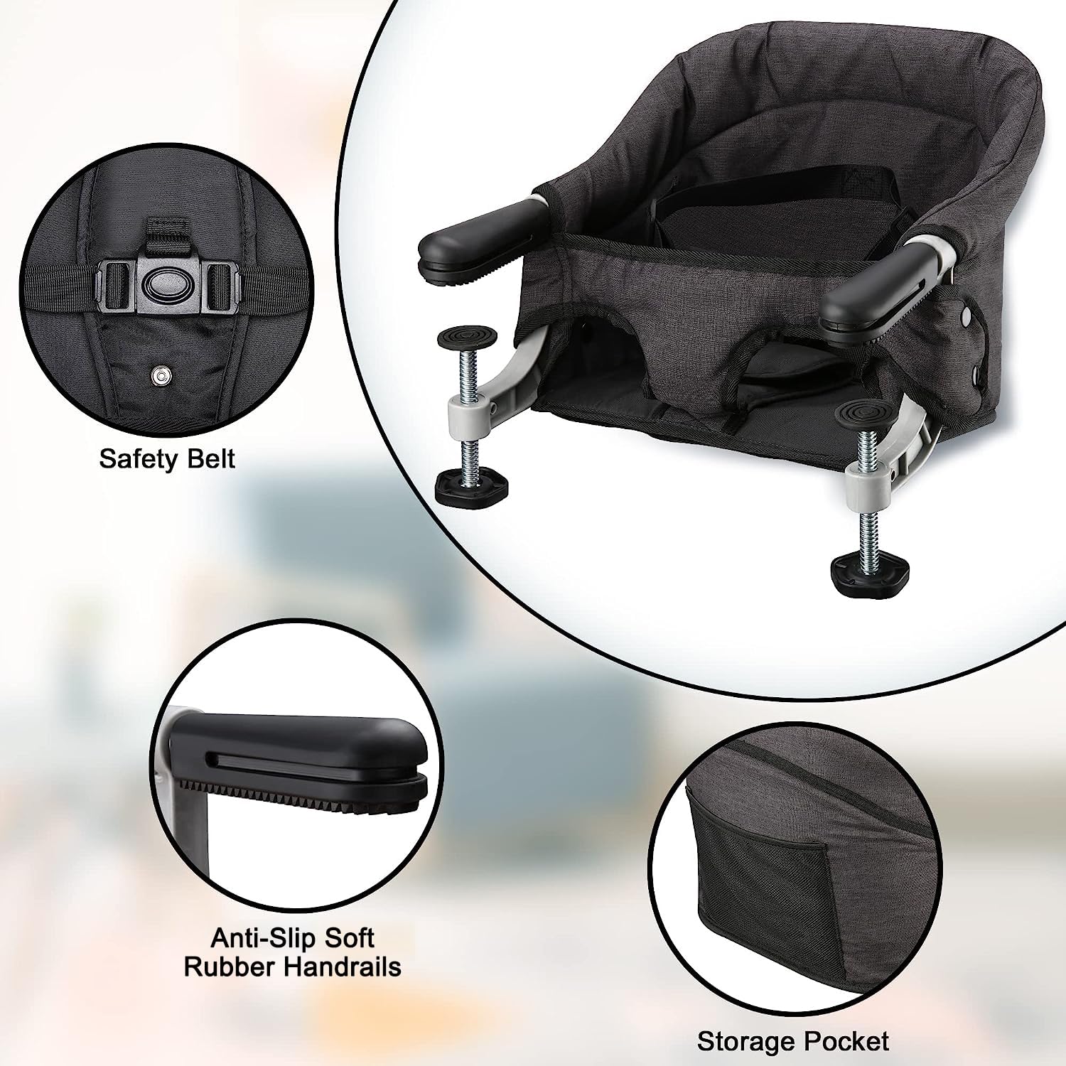 Hook On Chair, Clip on High Chair, Fold-Flat Storage Portable Baby Feeding Seat, High Load Design, Attach to Fast Table Chair Removable Seat for Home and Travel (Black)