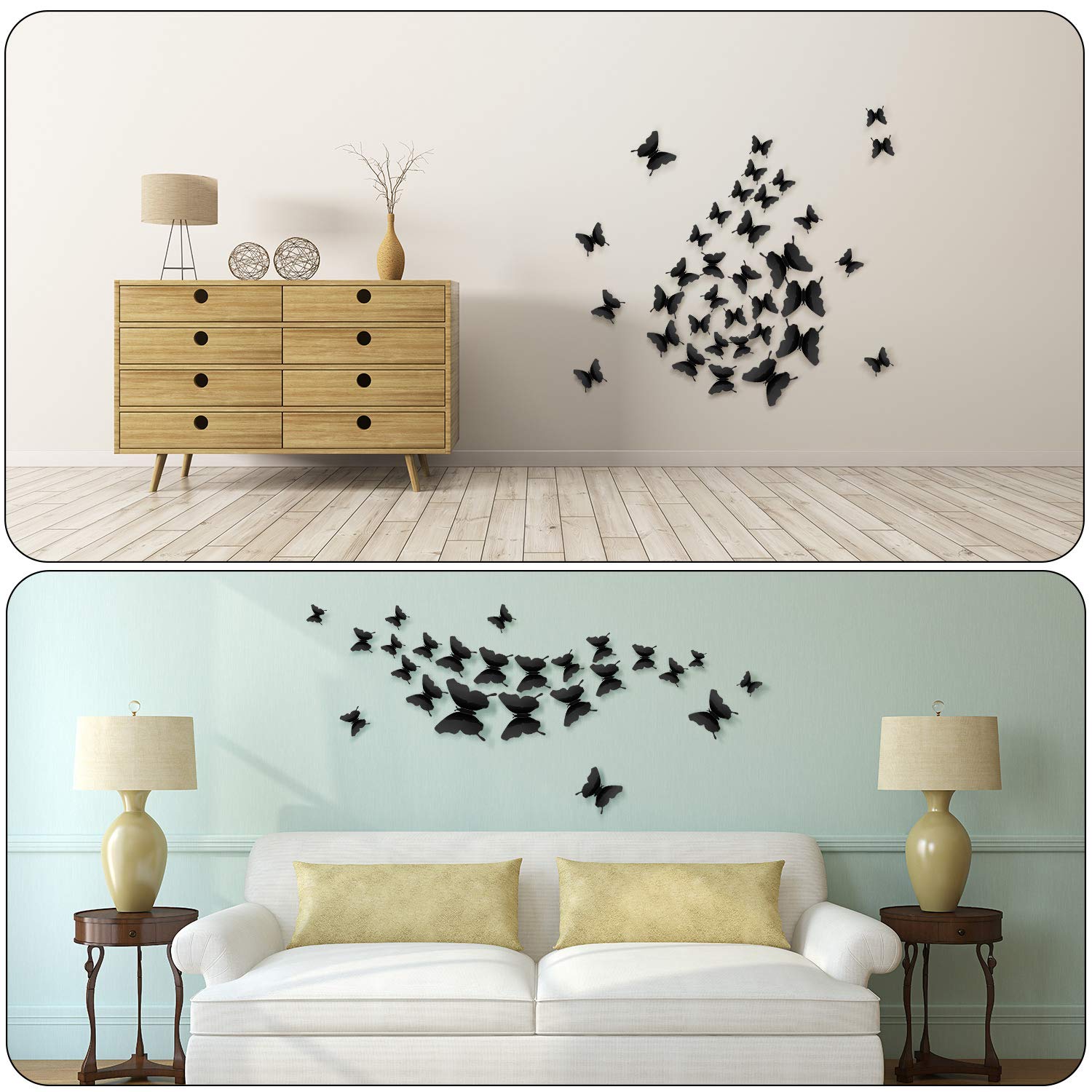 48 Pieces Butterfly Wall Decor DIY Mirror 3D Butterfly Stickers Removable Butterfly Decals for Home Nursery Classroom Kids Bedroom Bathroom Living Room Decor (Black)