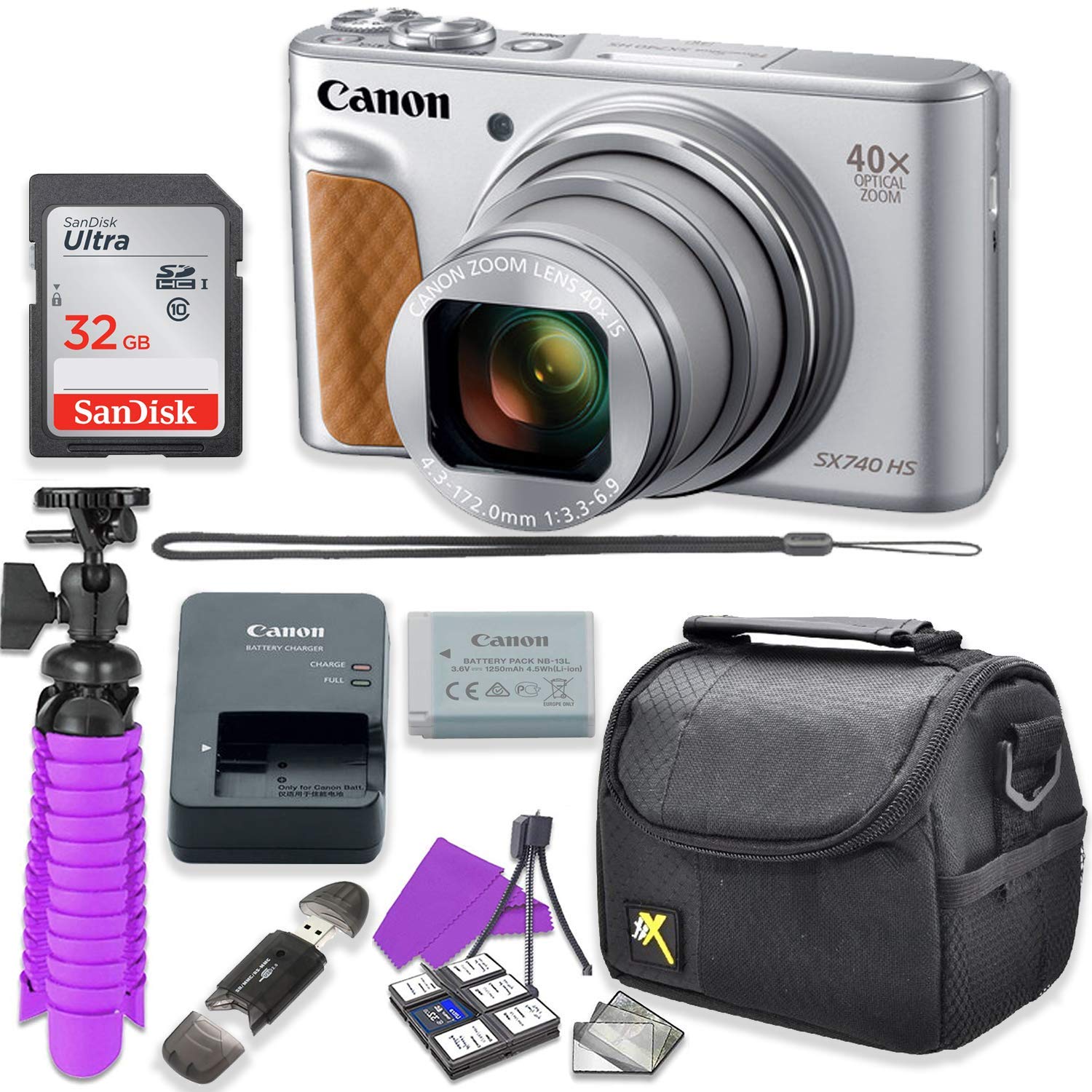 Canon PowerShot SX740 HS Digital Camera (Silver) Accessory Bundle with Flexible Spider Tripod, 32GB Memory, Camera Case and More. (Renewed)