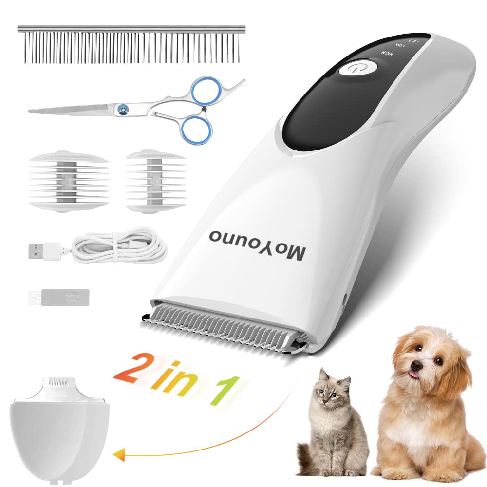 MoYouno Professional Dog Grooming Clippers, White, 2-in-1 Detachable Premium Blades, Super Quiet, Low Vibration, Guide Combs & Scissor, Rechargeable