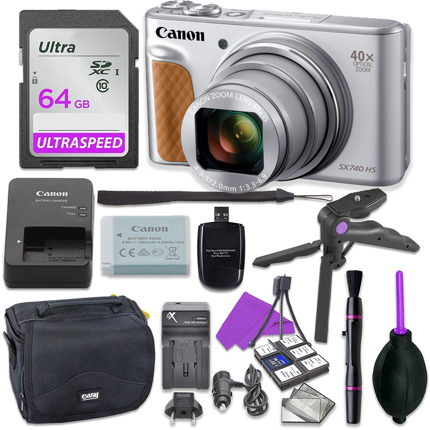 Canon PowerShot SX740 HS Digital Camera Bundle (Silver) with Tripod Hand Grip, 64GB SD Memory, Case and More (Renewed)