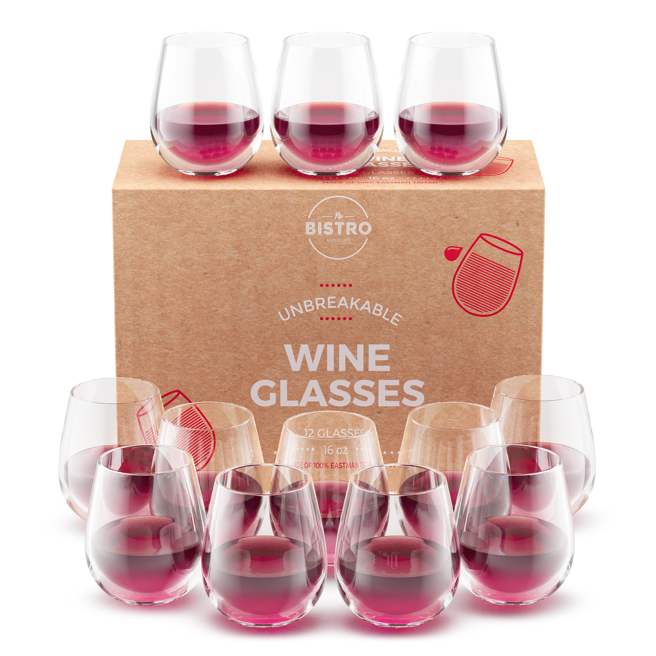 YO BISTRO Unbreakable Stemless Wine Glasses | Set of 12 | 100% Tritan Shatterproof Plastic | 16 Oz | Dishwasher Safe