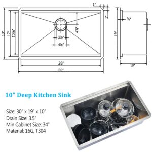 30 Inch Undermount Kitchen Sink Stainless Steel, BoomHoze 30 x 19 Inch Undermount Workstation Sink Commercial 16 Gauge Stainless Steel Undermount Sink Deep Single Bowl Kitchen Sink with Accessories