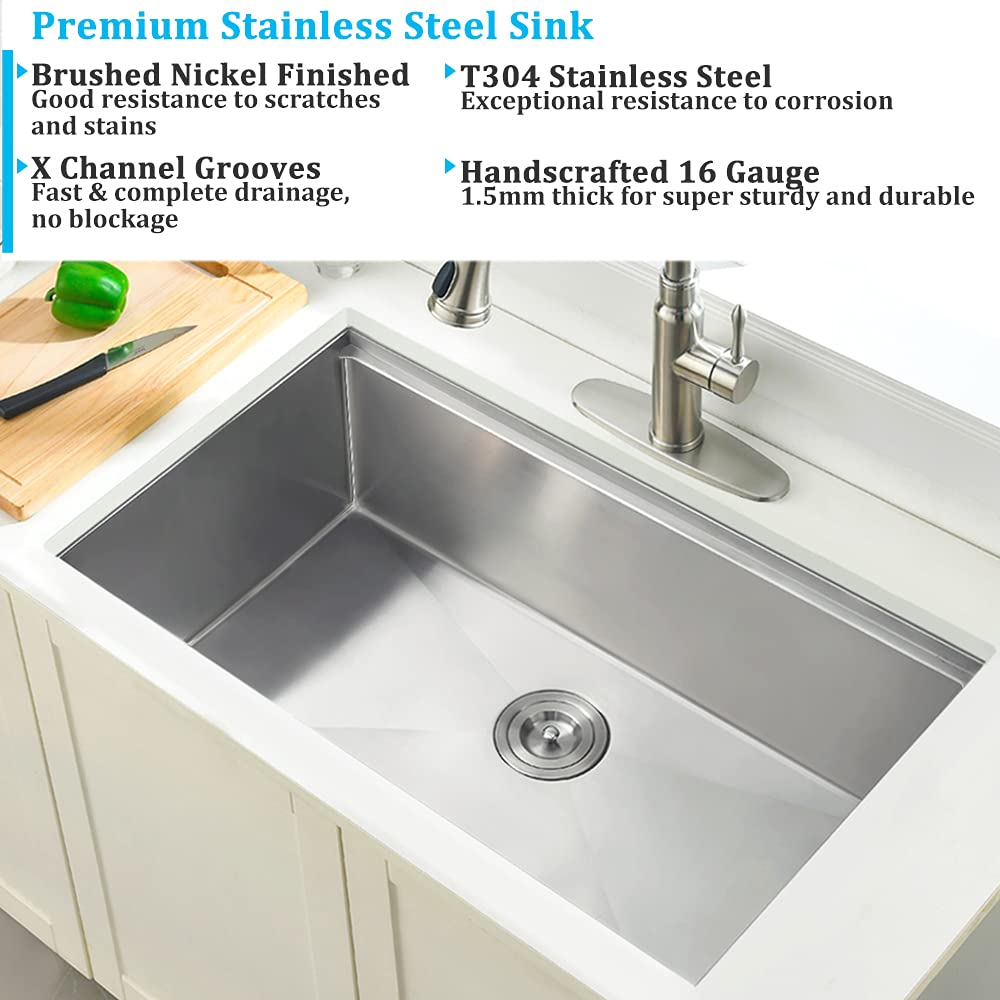 30 Inch Undermount Kitchen Sink Stainless Steel, BoomHoze 30 x 19 Inch Undermount Workstation Sink Commercial 16 Gauge Stainless Steel Undermount Sink Deep Single Bowl Kitchen Sink with Accessories