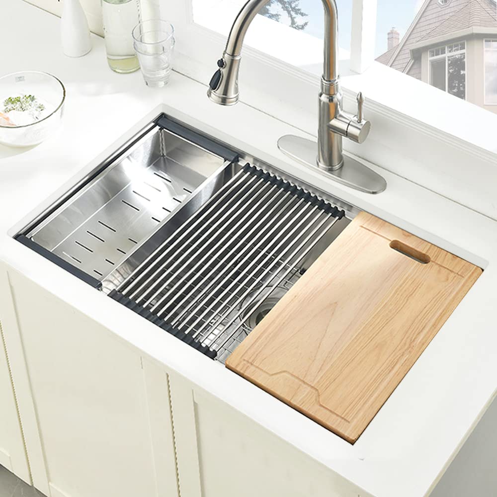 30 Inch Undermount Kitchen Sink Stainless Steel, BoomHoze 30 x 19 Inch Undermount Workstation Sink Commercial 16 Gauge Stainless Steel Undermount Sink Deep Single Bowl Kitchen Sink with Accessories