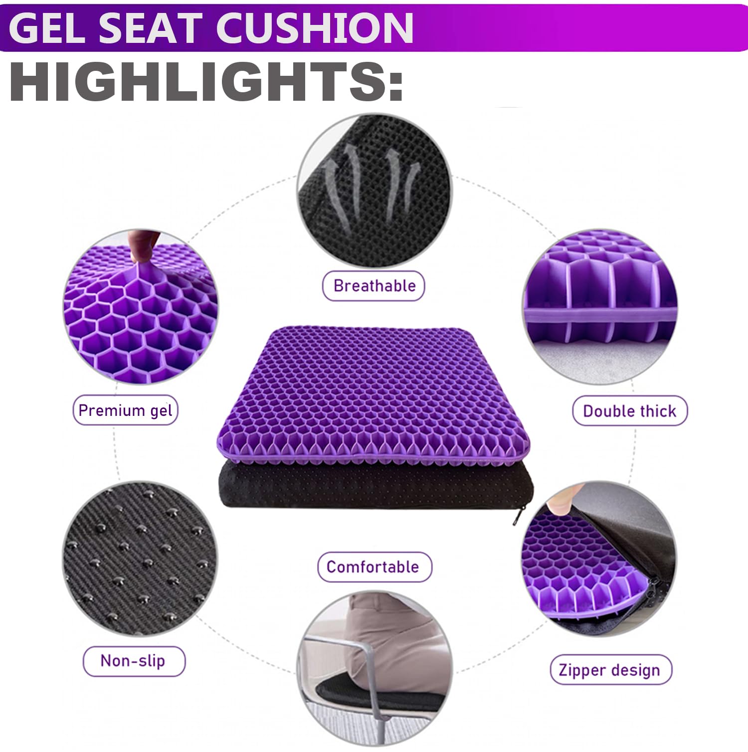 Gel Seat Cushion Pillow for Long Sitting – Office Chair Car Egg Seat Cushion with Non-Slip Cover for Back, Coccyx & Tailbone Pain Relief Pad - Pressure Reducing Honeycomb Designed for Comfort