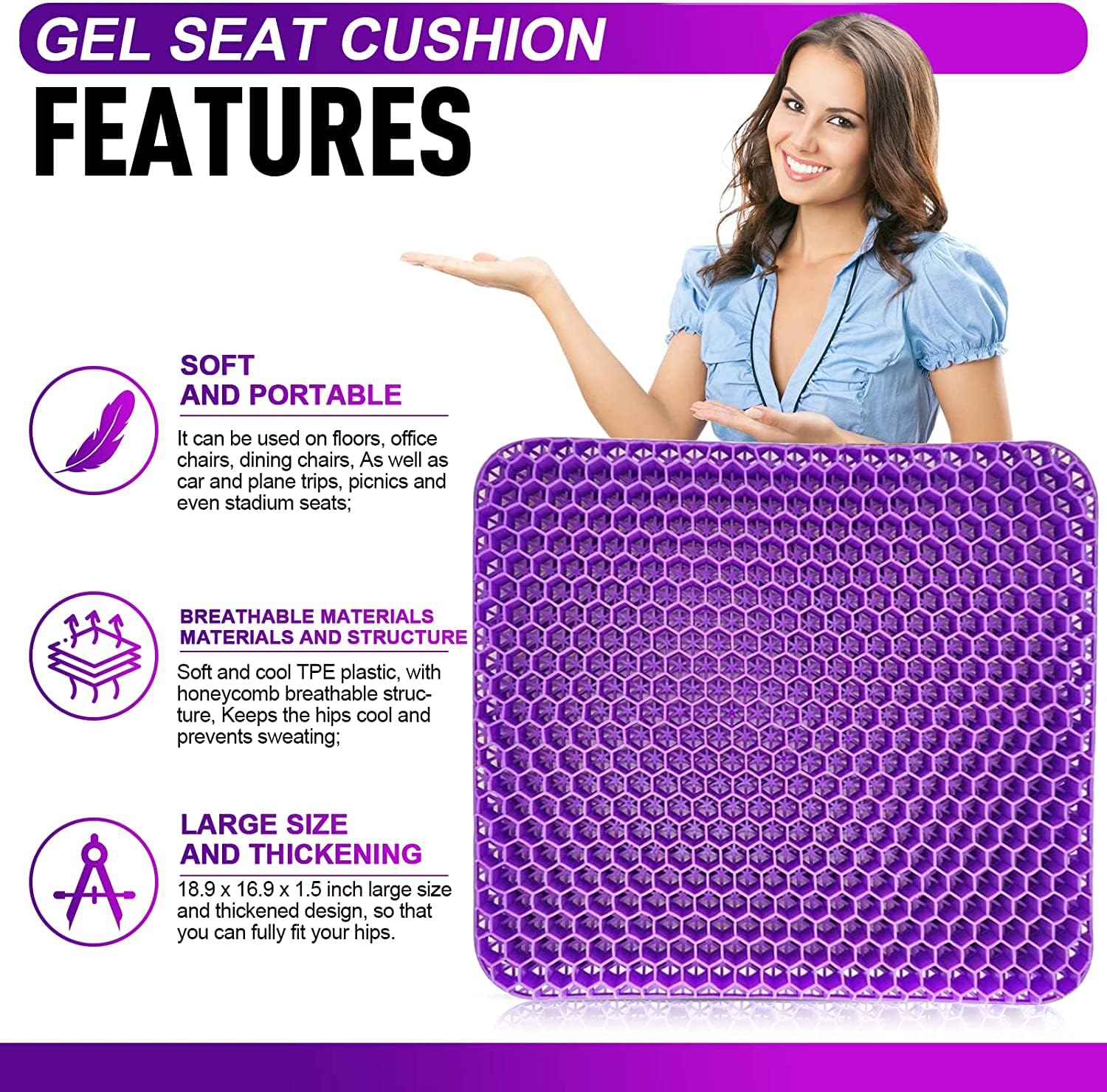 Gel Seat Cushion Pillow for Long Sitting – Office Chair Car Egg Seat Cushion with Non-Slip Cover for Back, Coccyx & Tailbone Pain Relief Pad - Pressure Reducing Honeycomb Designed for Comfort