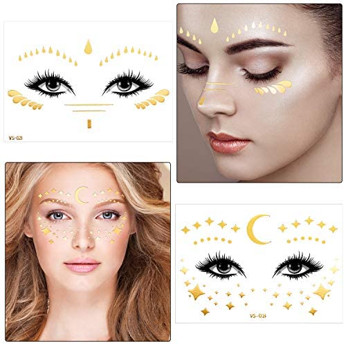 Zonon,20 Sheets Face Metallic Temporary Tattoo Sticker, Face Gold Temporary Transfer Tattoo Freckle Sticker for Women Girls Halloween Makeup Dancer Costume Parties