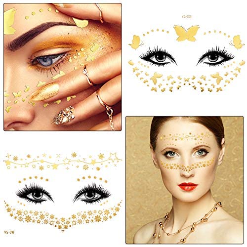 Zonon,20 Sheets Face Metallic Temporary Tattoo Sticker, Face Gold Temporary Transfer Tattoo Freckle Sticker for Women Girls Halloween Makeup Dancer Costume Parties