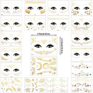 Zonon,20 Sheets Face Metallic Temporary Tattoo Sticker, Face Gold Temporary Transfer Tattoo Freckle Sticker for Women Girls Halloween Makeup Dancer Costume Parties