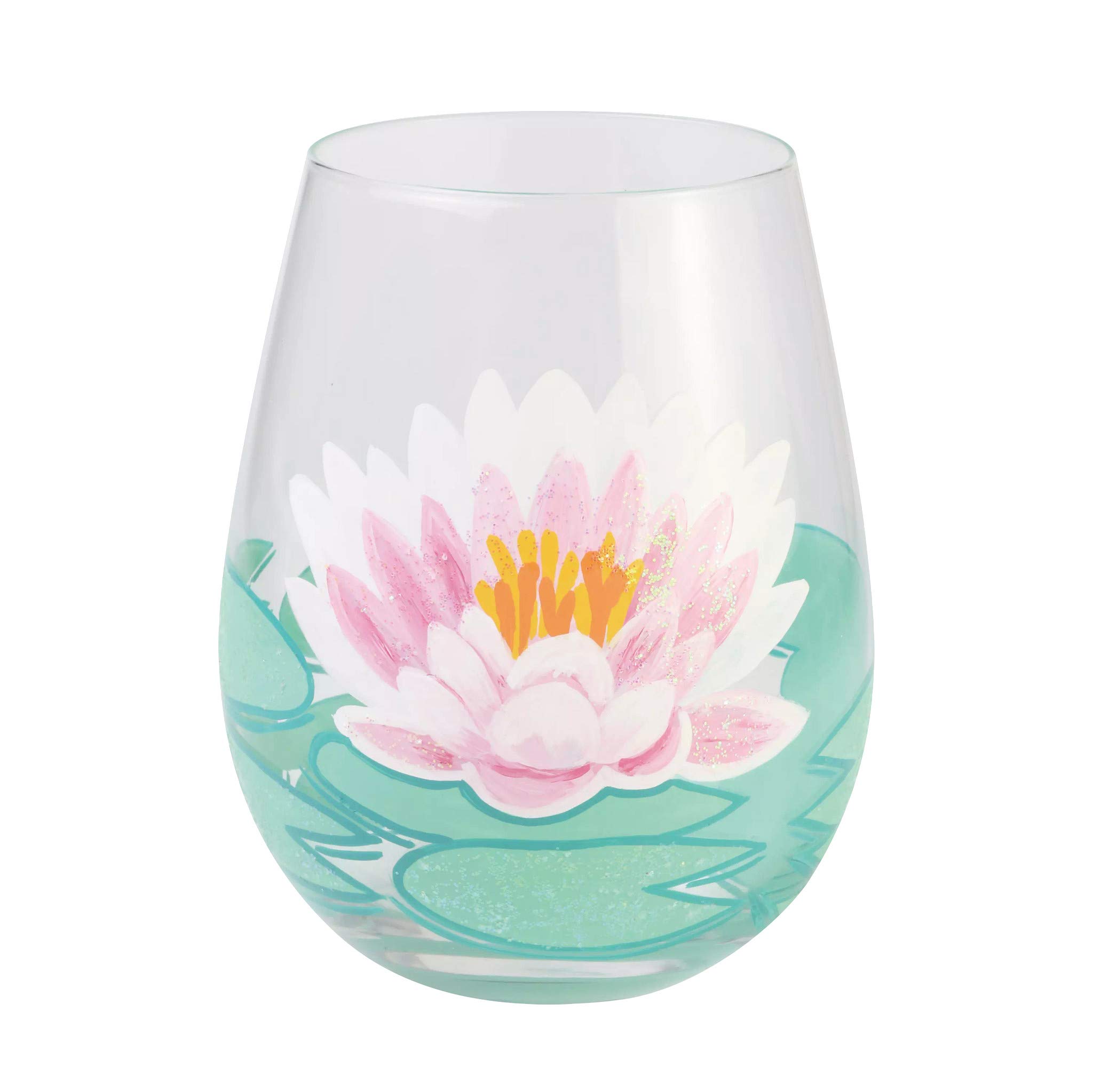 Enesco Designs by Lolita Lotus Hand-Painted Artisan Stemless Wine Glass, 20 Ounce, Multicolor