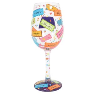 Enesco Designs by Lolita Many Thanks Hand-Painted Artisan Wine Glass, 15 Ounce, Multicolor