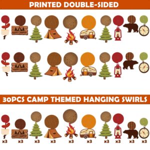 Levfla 30CT Happy Camper Party Hanging Swirls Decoration Camping Kids Birthday Photo Props Ideas Tent Cutouts Adventure S'more Whirls Signs Baby Shower Favor Supplies