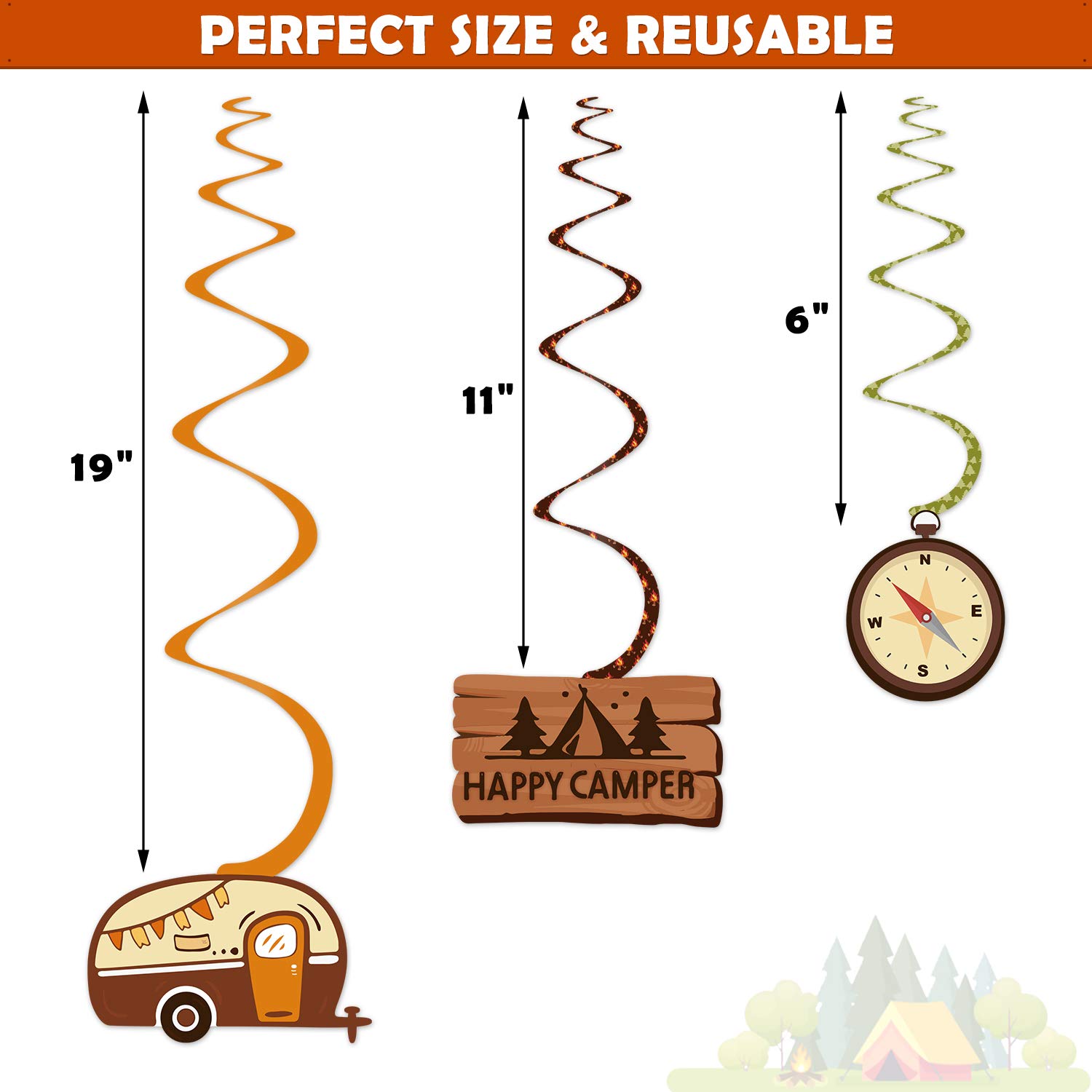 Levfla 30CT Happy Camper Party Hanging Swirls Decoration Camping Kids Birthday Photo Props Ideas Tent Cutouts Adventure S'more Whirls Signs Baby Shower Favor Supplies