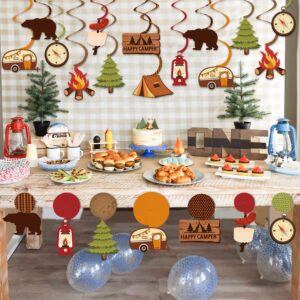 Levfla 30CT Happy Camper Party Hanging Swirls Decoration Camping Kids Birthday Photo Props Ideas Tent Cutouts Adventure S'more Whirls Signs Baby Shower Favor Supplies