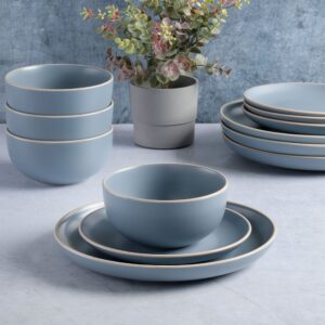 Gibson Home Rockaway Round Stoneware Dinnerware Set, Service for 4 (12pcs), Blue