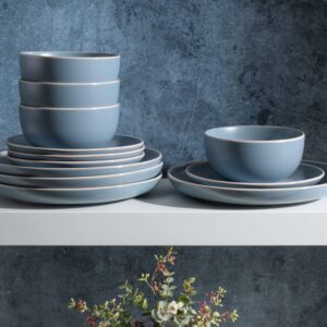 Gibson Home Rockaway Round Stoneware Dinnerware Set, Service for 4 (12pcs), Blue