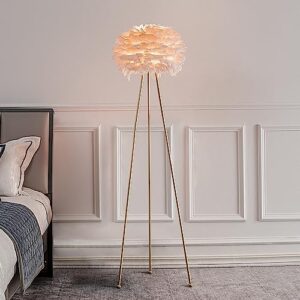 Maxax Feather Floor Lamp, Tripod Floor Lamp with Pink Feather Shade, Standing Light for Bedrooms/Dining Room/Living Room/Kitchen,Gold Classic