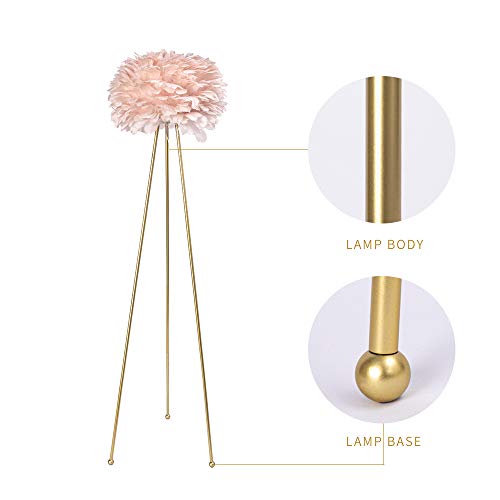 Maxax Feather Floor Lamp, Tripod Floor Lamp with Pink Feather Shade, Standing Light for Bedrooms/Dining Room/Living Room/Kitchen,Gold Classic