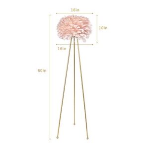 Maxax Feather Floor Lamp, Tripod Floor Lamp with Pink Feather Shade, Standing Light for Bedrooms/Dining Room/Living Room/Kitchen,Gold Classic