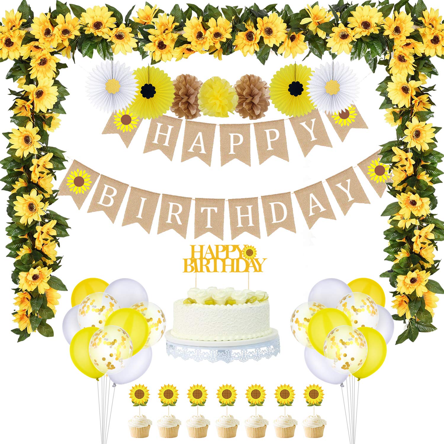 33 Pieces Sunflower Party Supplies, Sunflower Happy Birthday Banner, Big Cake Topper, Yellow Sunflower Cupcake Topper, Sunflower Garland, Tissue Paper Fans, Paper Pom Poms, Colorful Balloon for Party