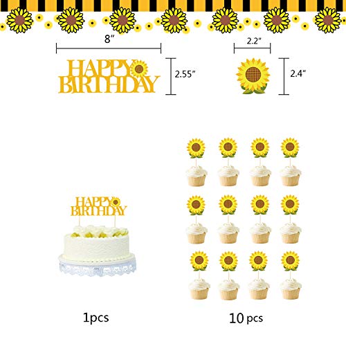 33 Pieces Sunflower Party Supplies, Sunflower Happy Birthday Banner, Big Cake Topper, Yellow Sunflower Cupcake Topper, Sunflower Garland, Tissue Paper Fans, Paper Pom Poms, Colorful Balloon for Party