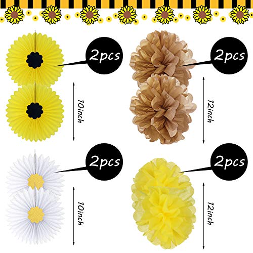 33 Pieces Sunflower Party Supplies, Sunflower Happy Birthday Banner, Big Cake Topper, Yellow Sunflower Cupcake Topper, Sunflower Garland, Tissue Paper Fans, Paper Pom Poms, Colorful Balloon for Party