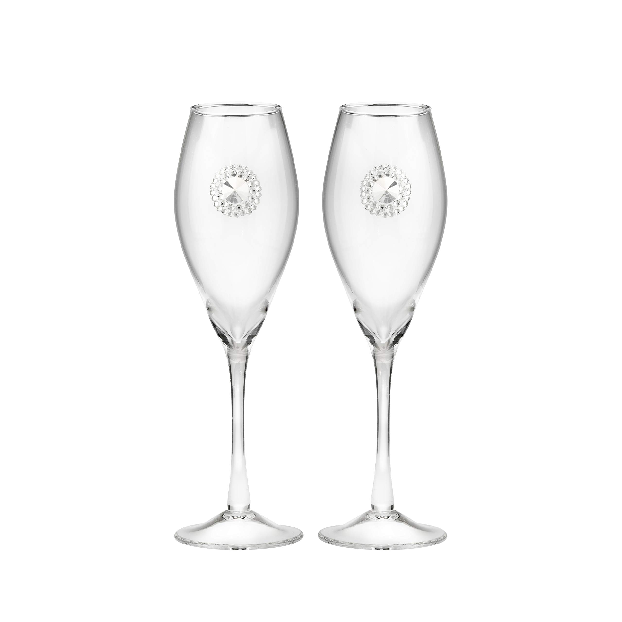 Popov 10457-076, 8-1/4 Oz Brooch Swarovski Jeweled Wine Glasses w/ Rhinestones, Stemmed Crystal Flutes, Set of 2