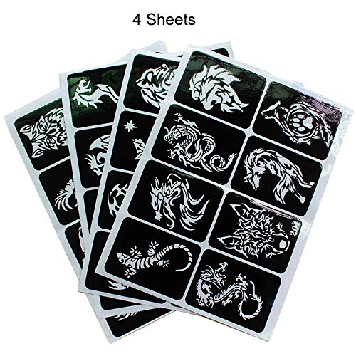 Kotbs 4 Sheets Temporary Tattoo Stencils, 32pcs Animal Patterns Henna Tattoo Stencil Kit Temporary Glitter Airbrush Tattoo Stencils Arabian Tattoo Stickers for Face Body Paint Art