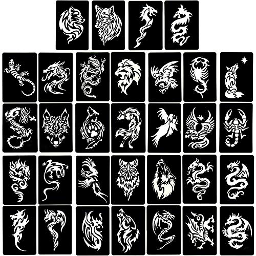 Kotbs 4 Sheets Temporary Tattoo Stencils, 32pcs Animal Patterns Henna Tattoo Stencil Kit Temporary Glitter Airbrush Tattoo Stencils Arabian Tattoo Stickers for Face Body Paint Art