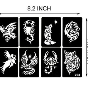 Kotbs 4 Sheets Temporary Tattoo Stencils, 32pcs Animal Patterns Henna Tattoo Stencil Kit Temporary Glitter Airbrush Tattoo Stencils Arabian Tattoo Stickers for Face Body Paint Art