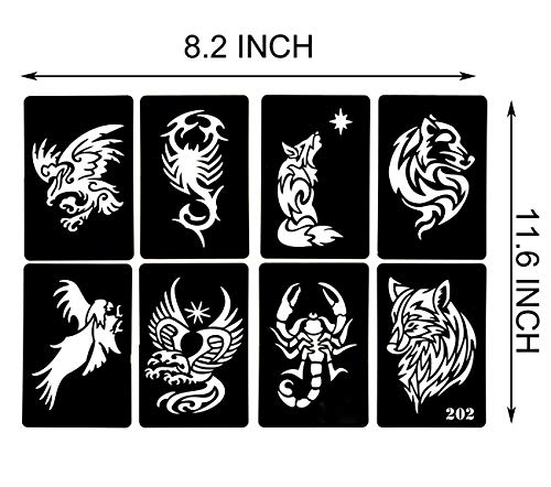 Kotbs 4 Sheets Temporary Tattoo Stencils, 32pcs Animal Patterns Henna Tattoo Stencil Kit Temporary Glitter Airbrush Tattoo Stencils Arabian Tattoo Stickers for Face Body Paint Art