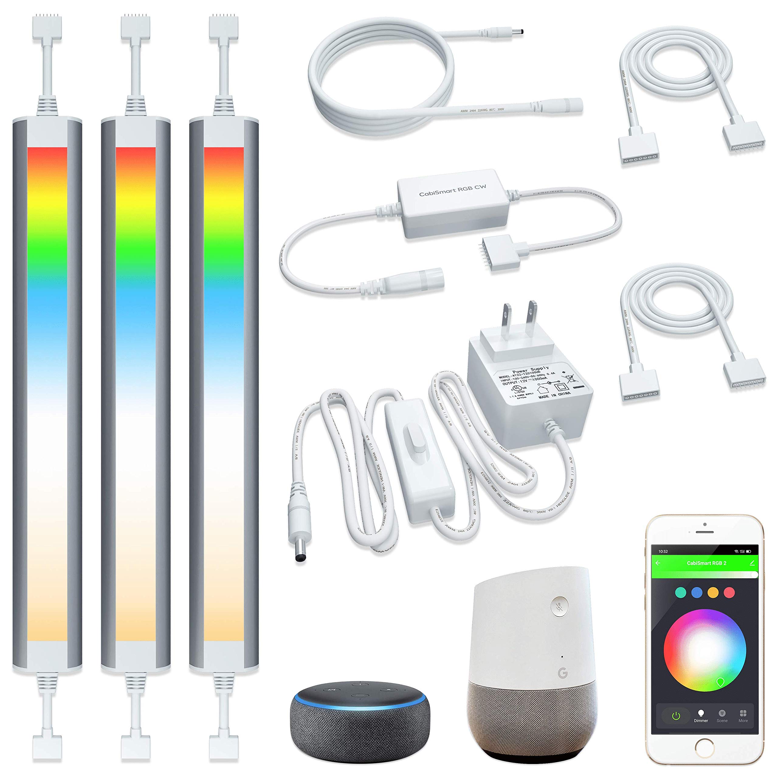 Smart Under Cabinet Lighting Strip Lights White and Multi Color Work With Amazon Alexa Google Home Dimmable for Show Case, TV Back Lights, Kitchen Counter, Book Case, Under Bed (3 Lights Bar kit)